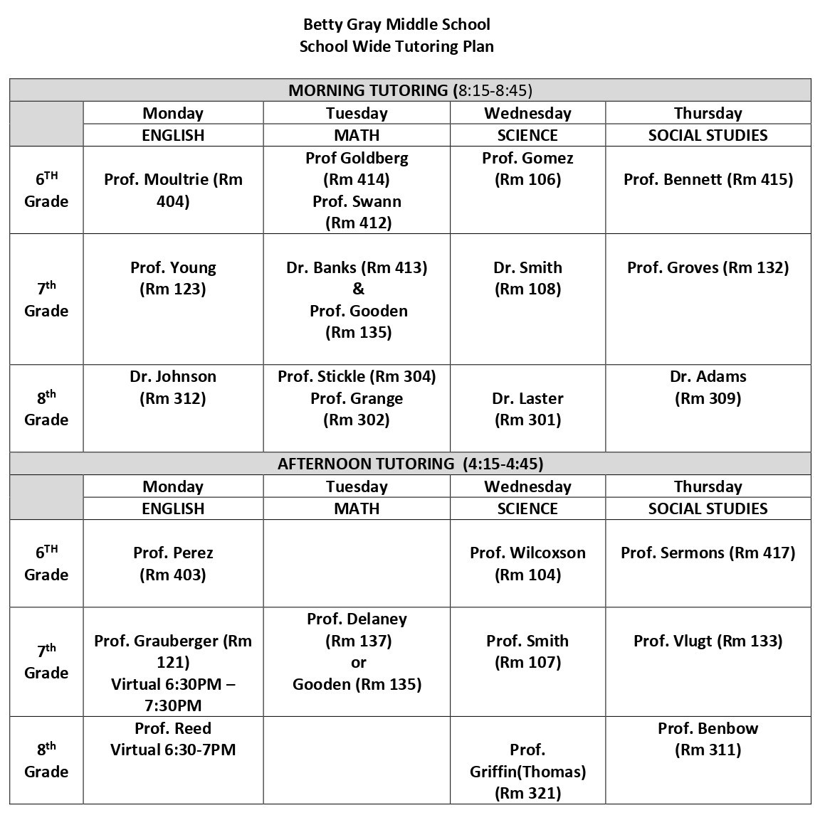 Tutoring Schedule